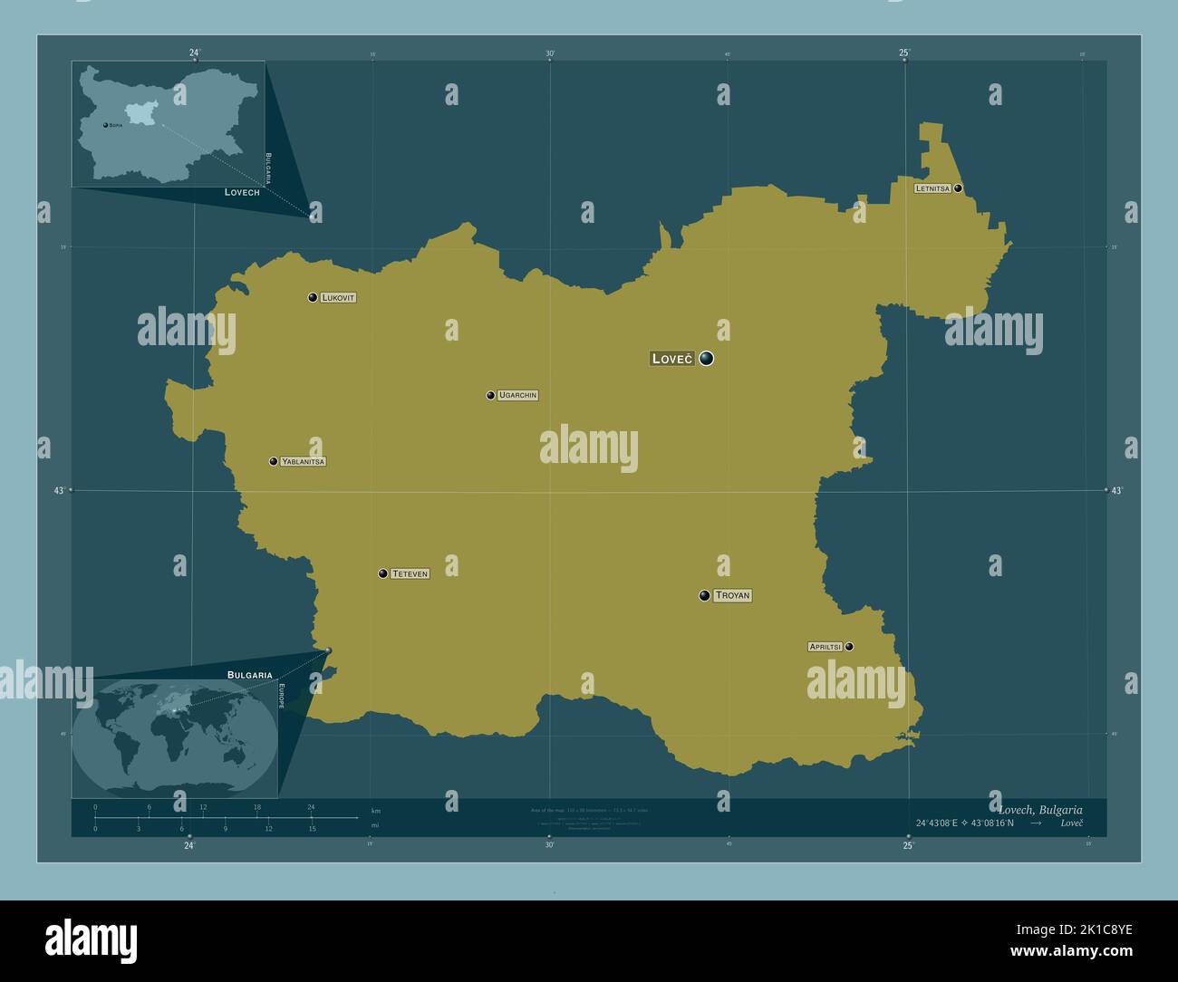 Lovech, province of Bulgaria. Solid color shape. Locations and names of ...