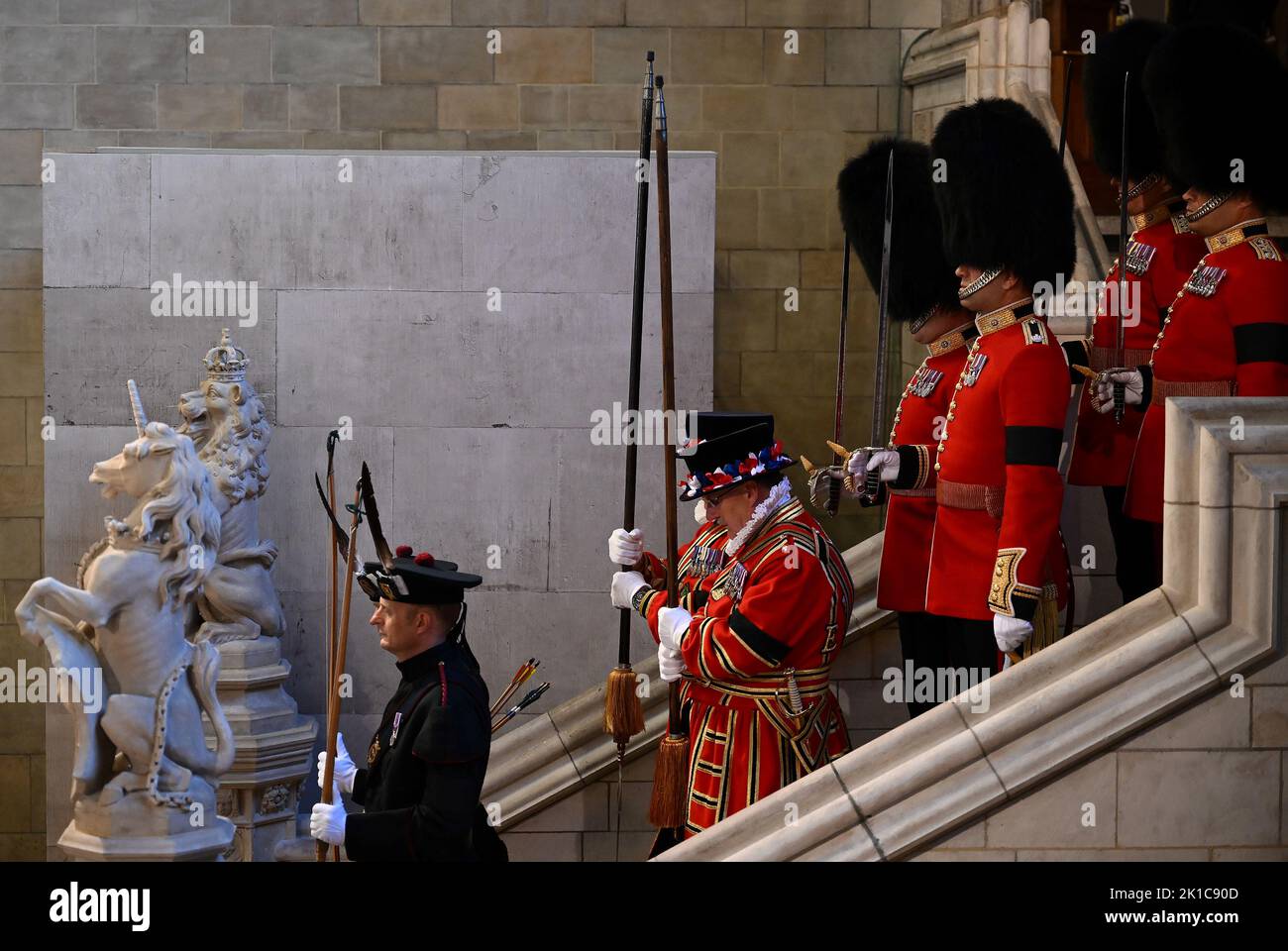 Members of the King's Bodyguard from the Coldstream Guards arrive to ...