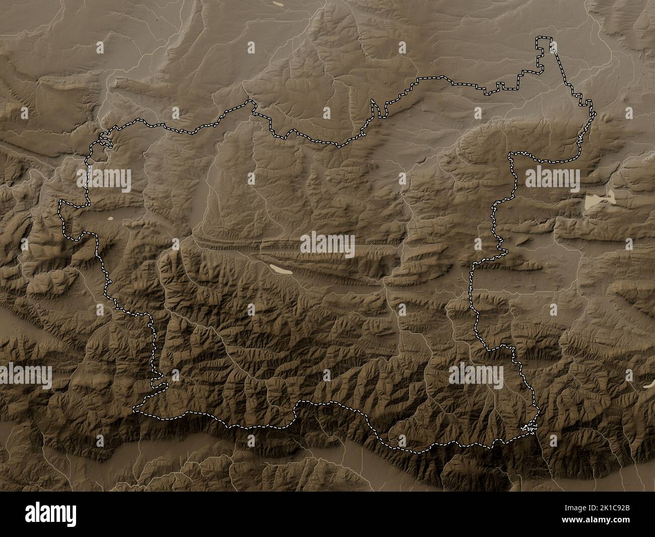 Lovech, province of Bulgaria. Elevation map colored in sepia tones with ...