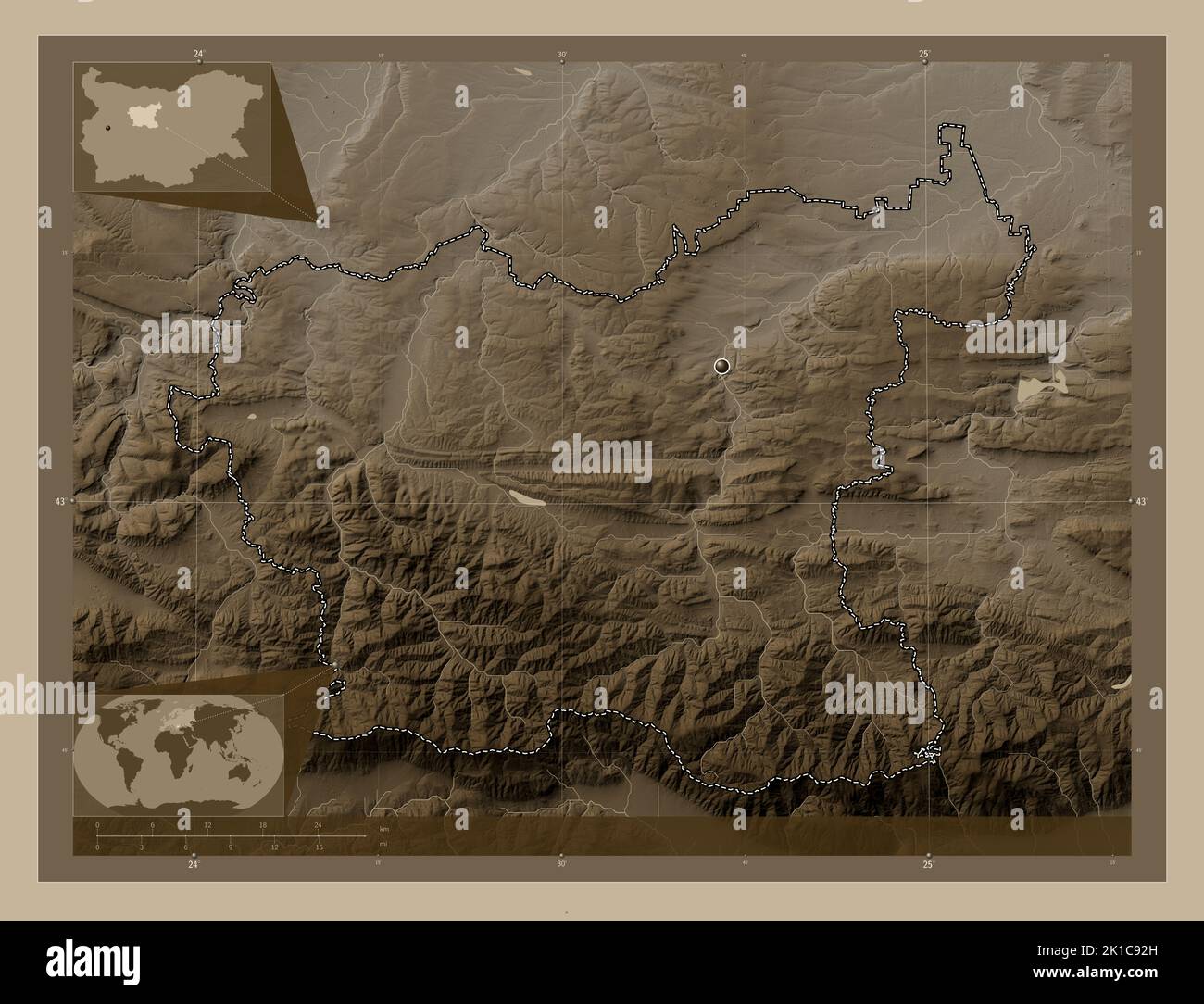 Lovech, province of Bulgaria. Elevation map colored in sepia tones with ...
