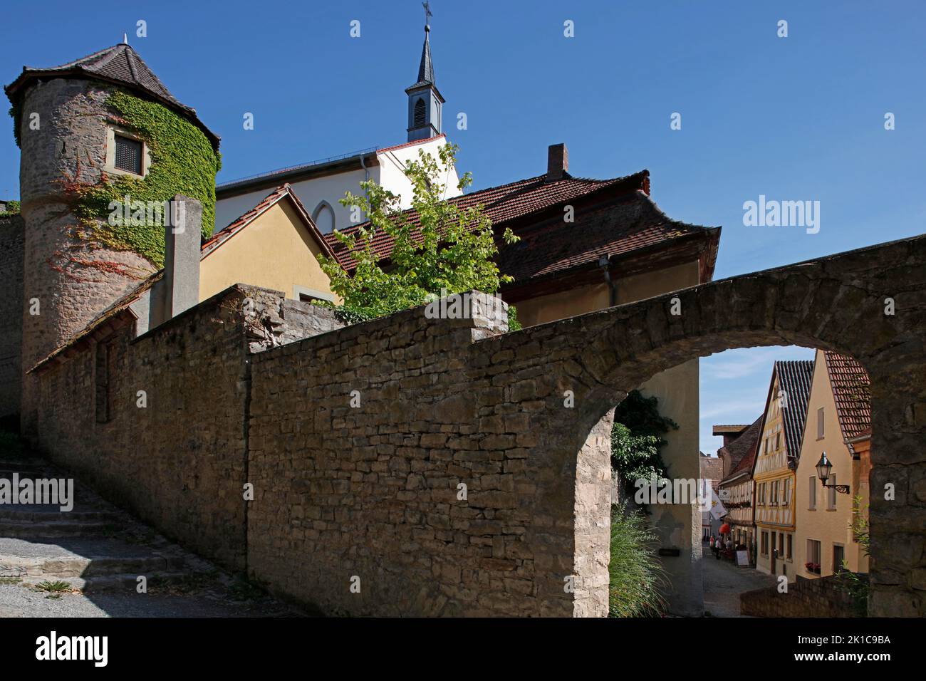 Town Wall, Tower, Church of St. Augustine, Dettelbach, Bavaria, Germany ...