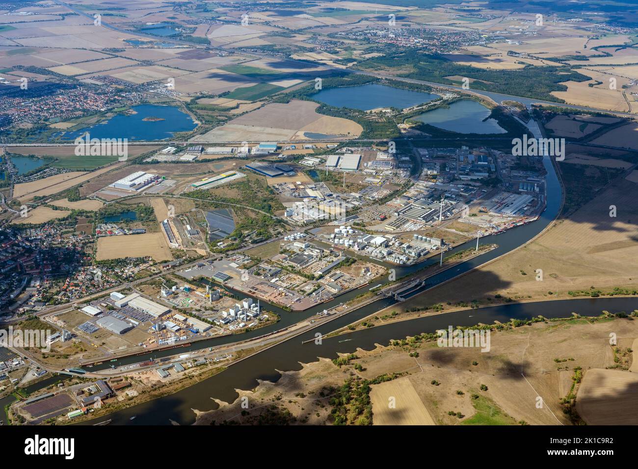 Aerial view of Magdeburg harbour, inland harbour, Elbe, Mittellandkanal ...