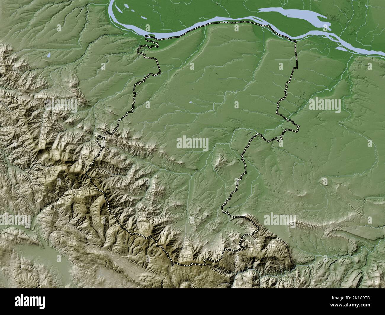 Montana, province of Bulgaria. Elevation map colored in wiki style with lakes and rivers Stock ...