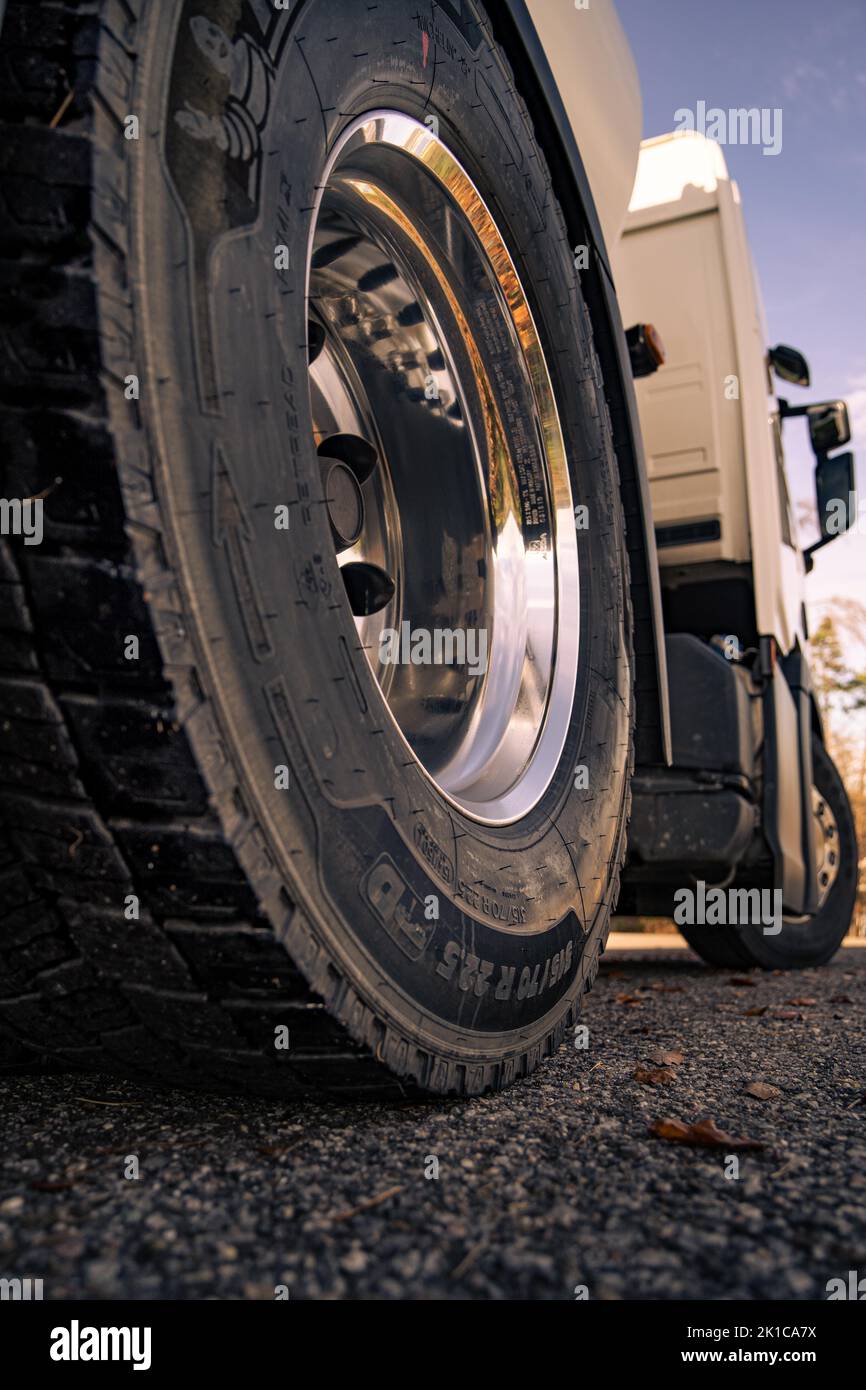 Close-up of the rear wheel of a truck on the road, Niefern, Germany ...