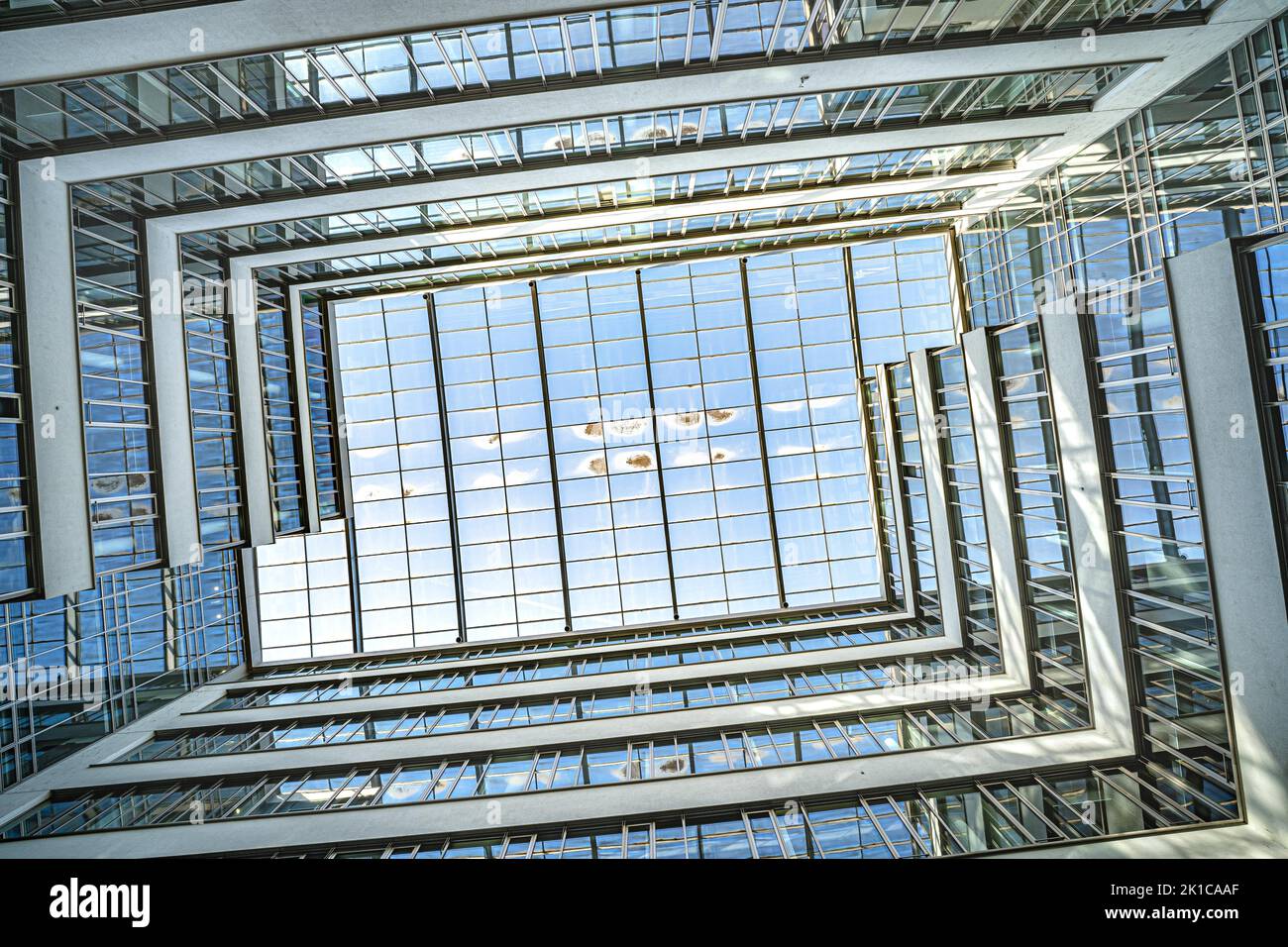 View upwards, modern architecture, glass construction Stuttgart Germany ...
