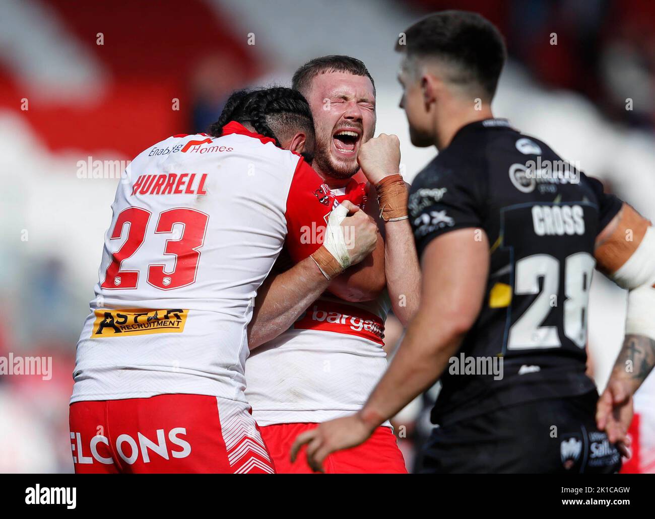 St Helens' Konrad Hurrell (left) and Joe Batchelor (center) celebrate ...