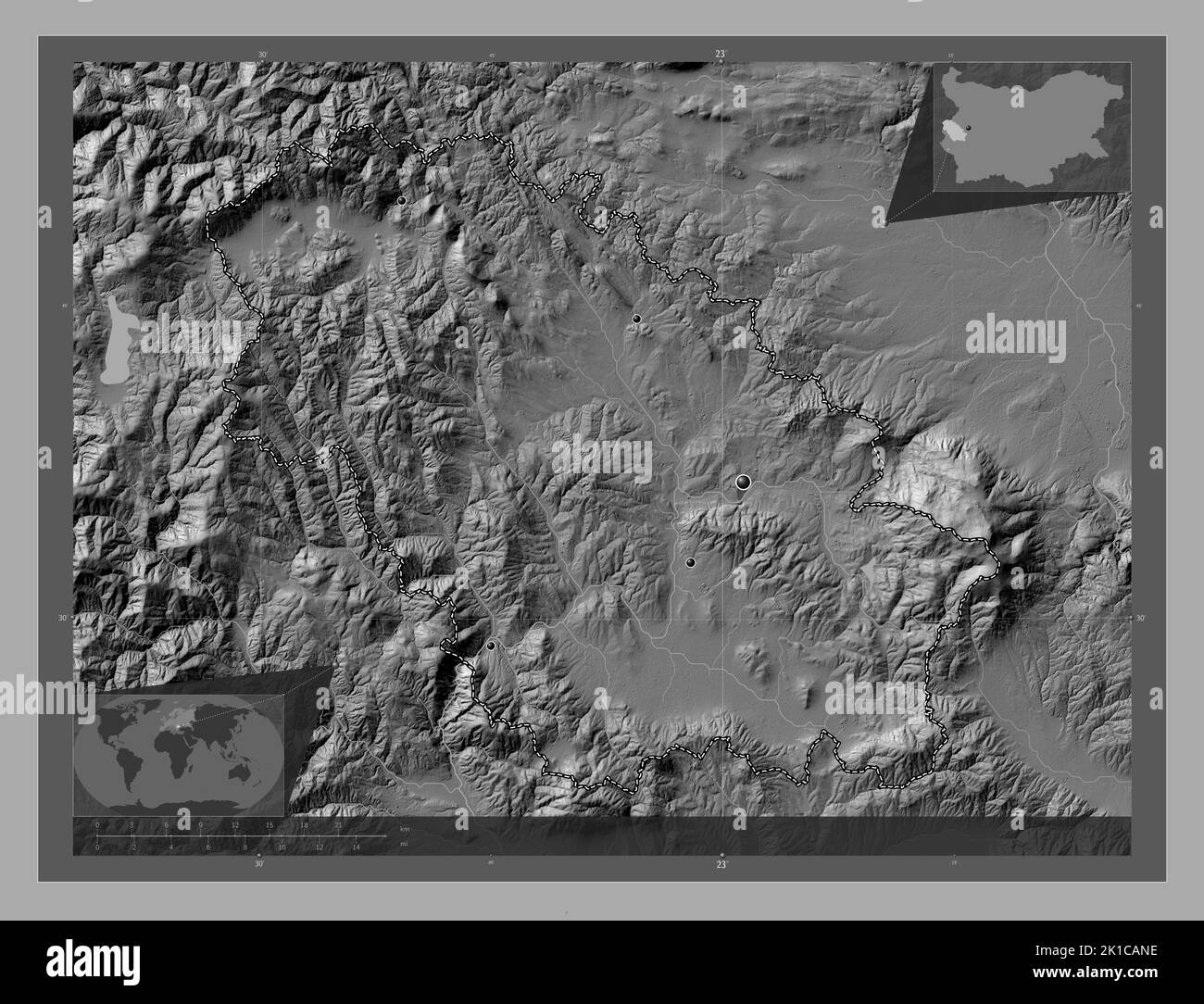 Pernik, province of Bulgaria. Bilevel elevation map with lakes and ...