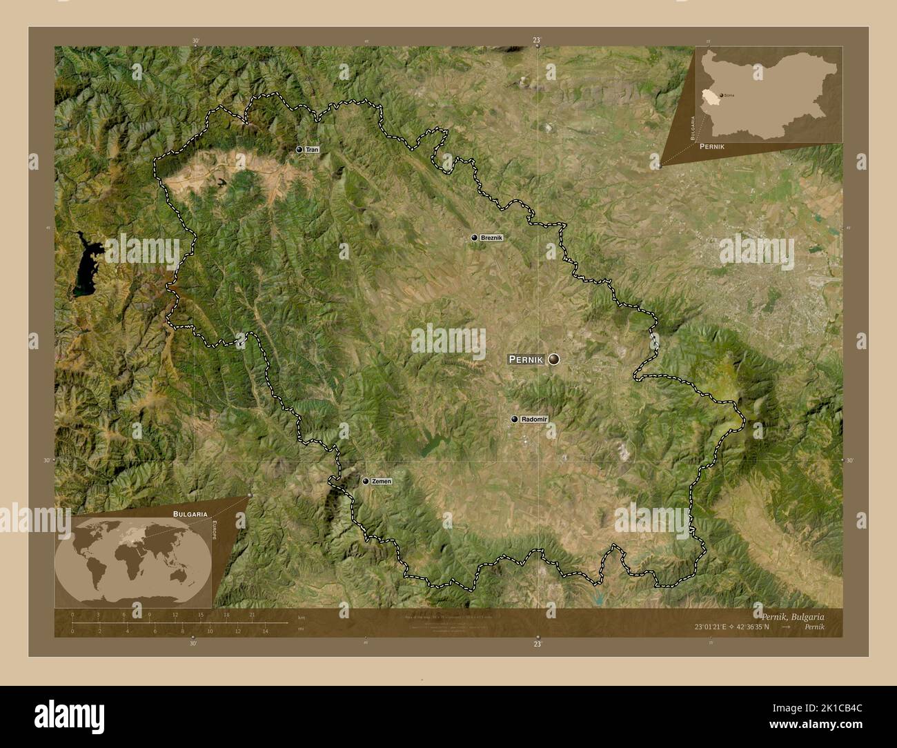 Pernik, province of Bulgaria. Low resolution satellite map. Locations ...