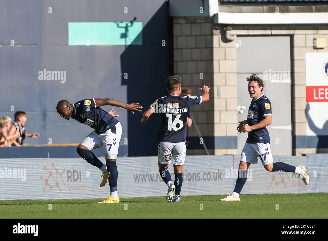 Benik Afobe #7 of Millwall celebrates his goal to make it 2-1 during ...