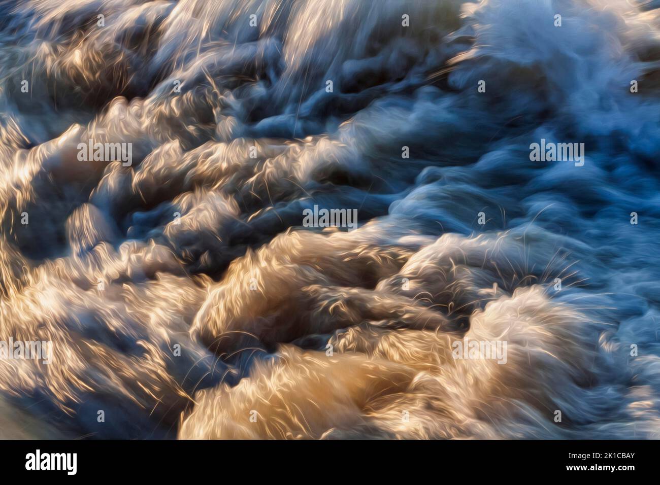 Churned up water, spray, evening light glitters, dynamic, motion blur ...