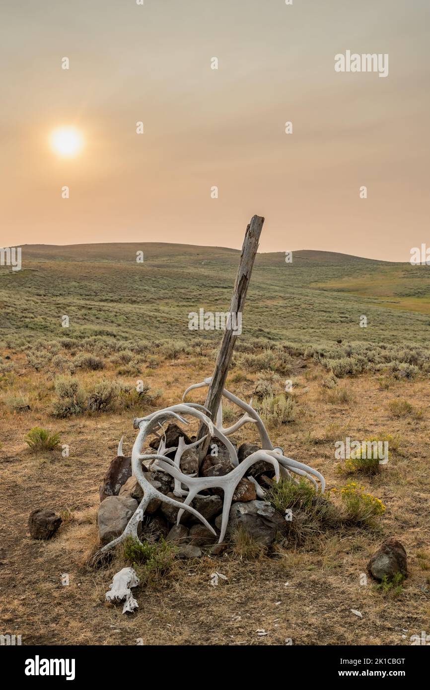 Sun Shiines Through Smoke On Specimen Ridge Trail Marker in Yellowstone ...