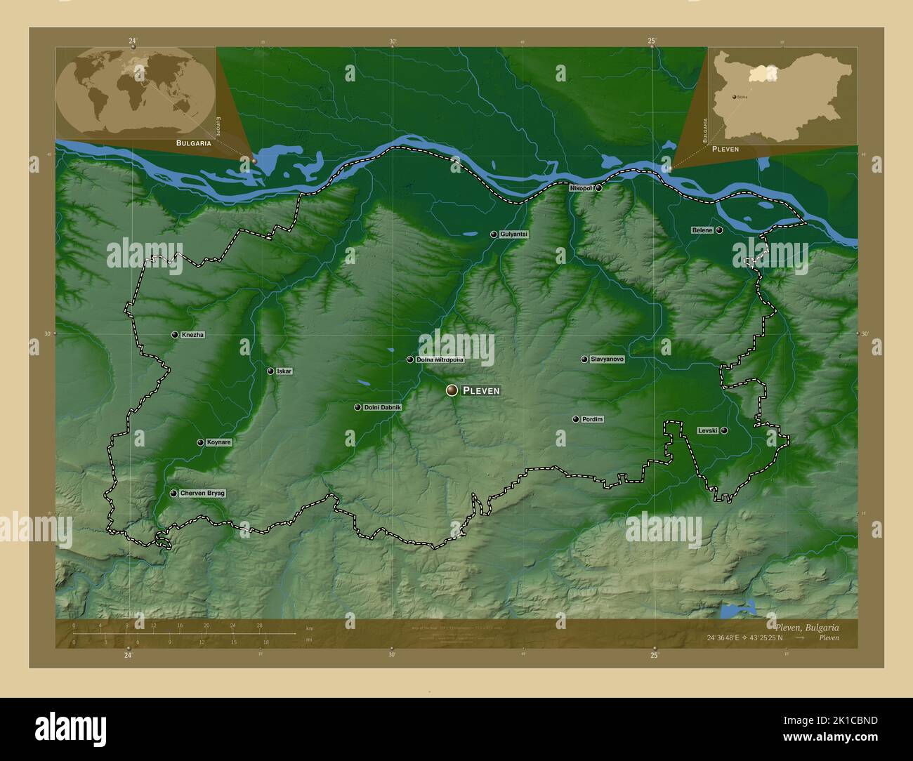 Pleven, province of Bulgaria. Colored elevation map with lakes and ...