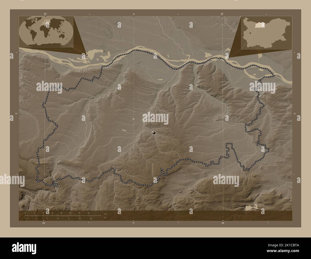 Pleven, province of Bulgaria. Elevation map colored in sepia tones with ...
