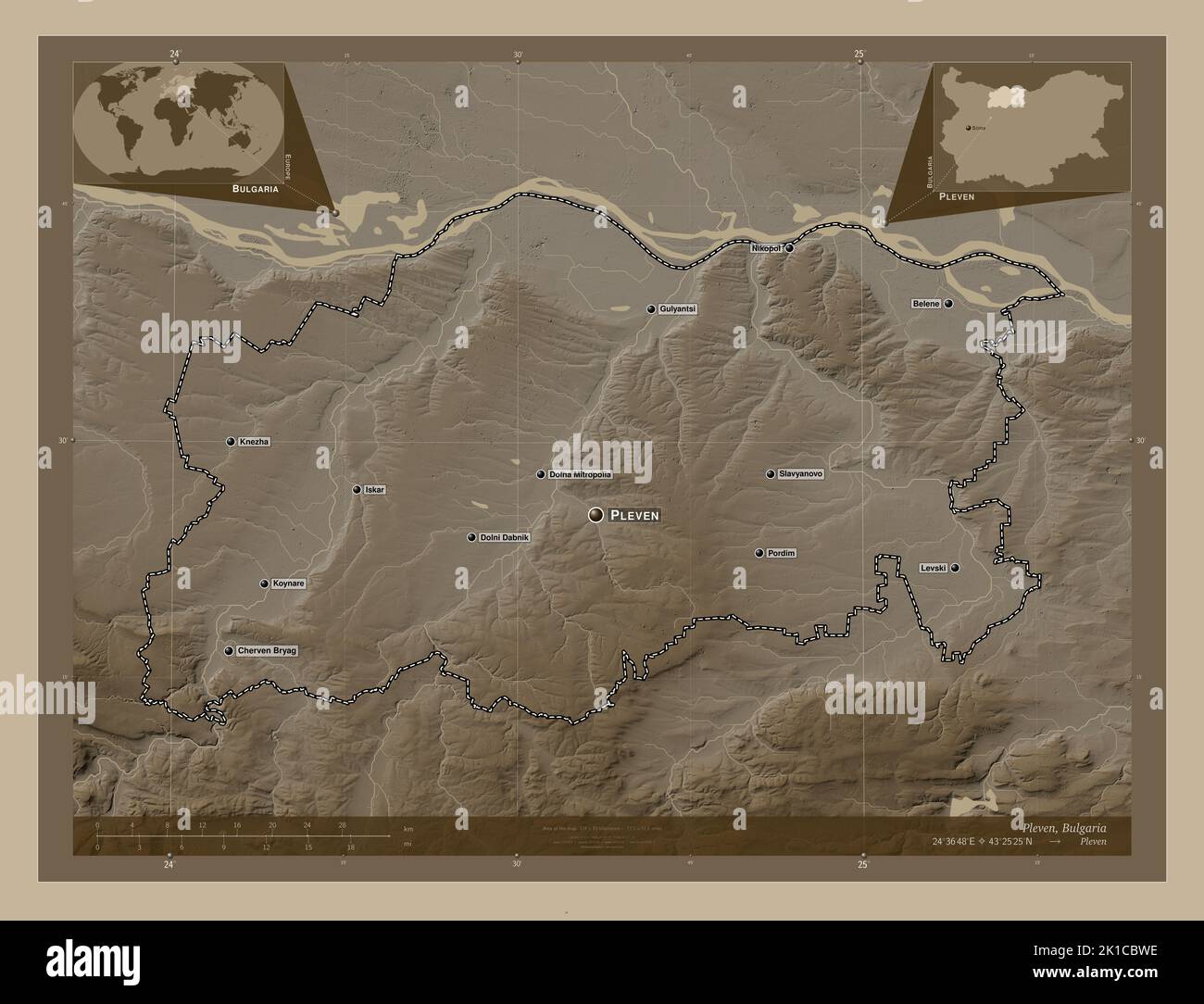 Pleven, province of Bulgaria. Elevation map colored in sepia tones with ...