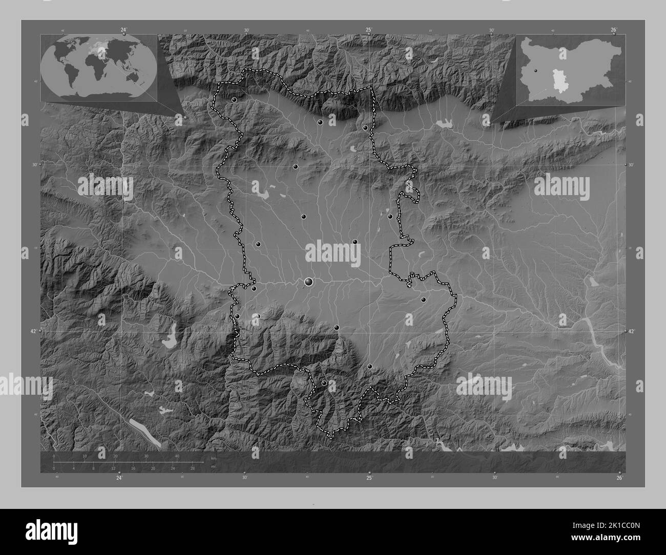 Plovdiv, province of Bulgaria. Grayscale elevation map with lakes and ...