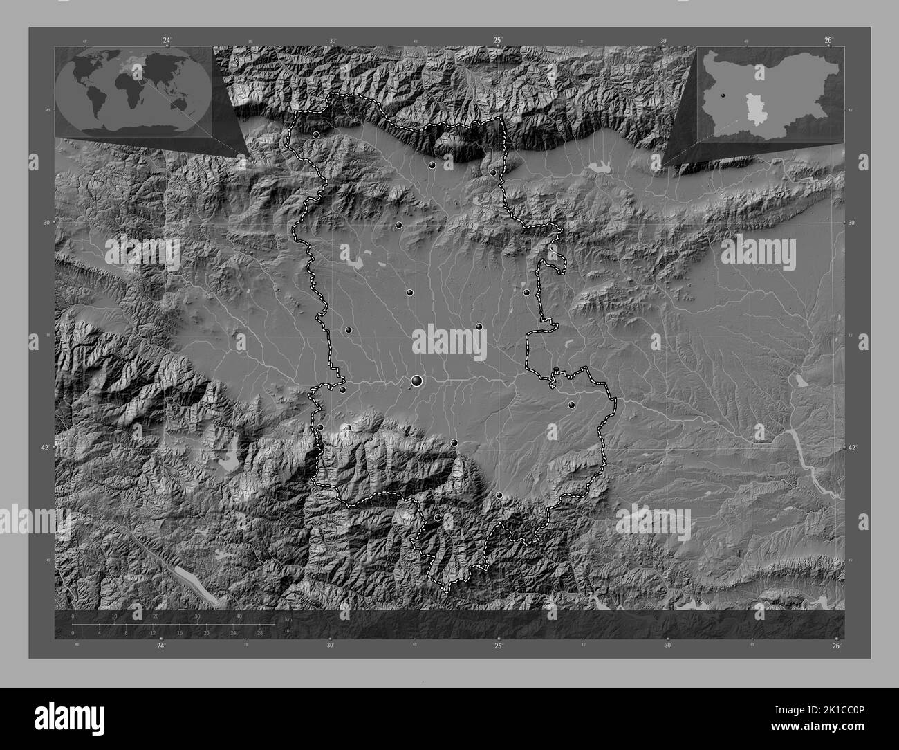 Plovdiv, province of Bulgaria. Bilevel elevation map with lakes and ...