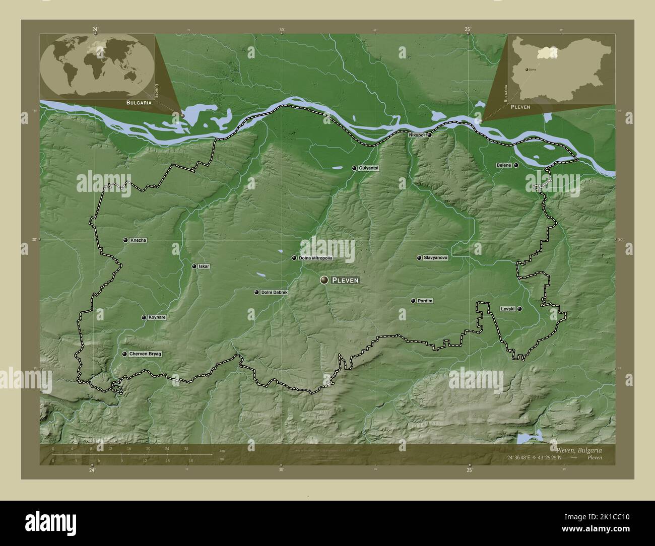 Pleven, province of Bulgaria. Elevation map colored in wiki style with ...