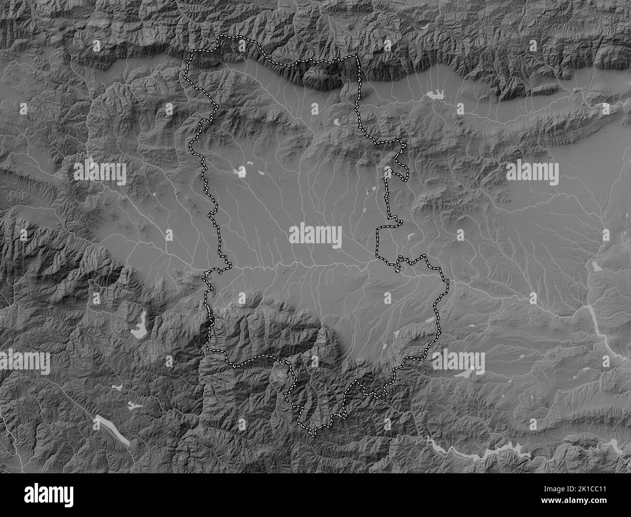 Plovdiv, province of Bulgaria. Grayscale elevation map with lakes and ...