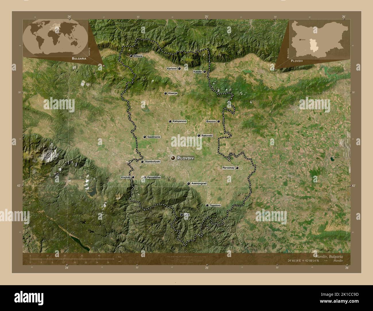 Plovdiv, province of Bulgaria. Low resolution satellite map. Locations ...