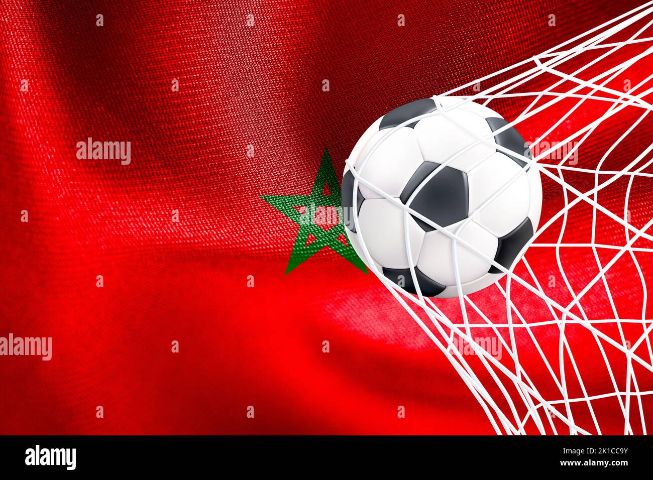 FIFA World Cup 2022, Morocco National flag with a soccer ball in net ...