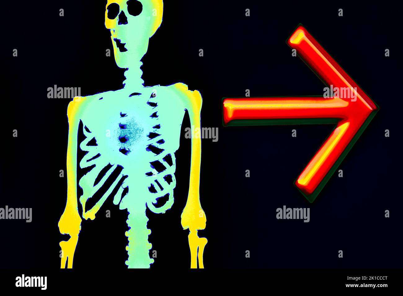 Halloween azure green funny skeleton with a red arrow direction on a ...