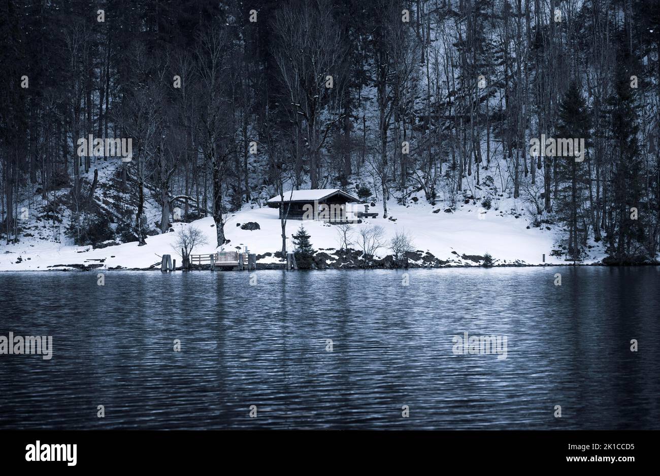 Lonely hut in winter landscape at Koenigssee, Berchtesgaden, Bavaria ...