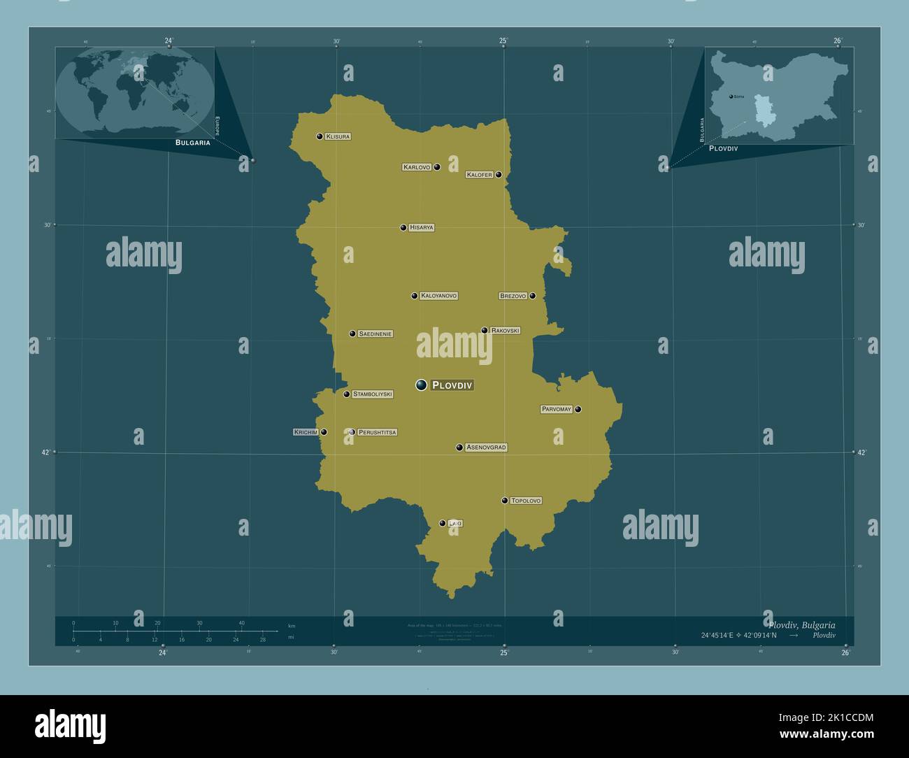 Plovdiv, province of Bulgaria. Solid color shape. Locations and names ...