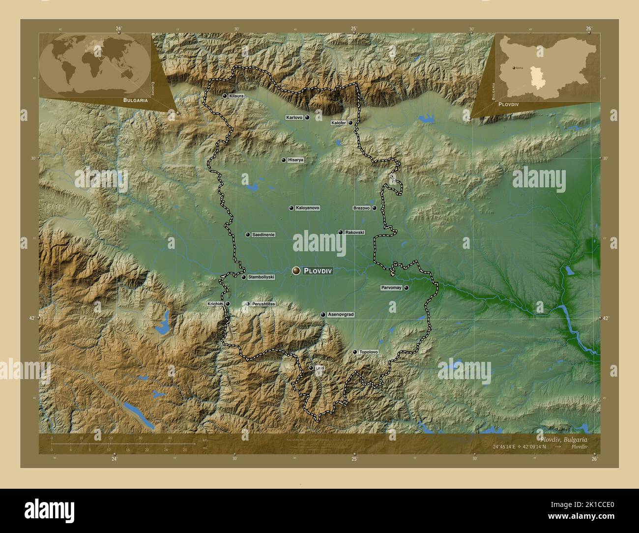 Plovdiv, province of Bulgaria. Colored elevation map with lakes and ...