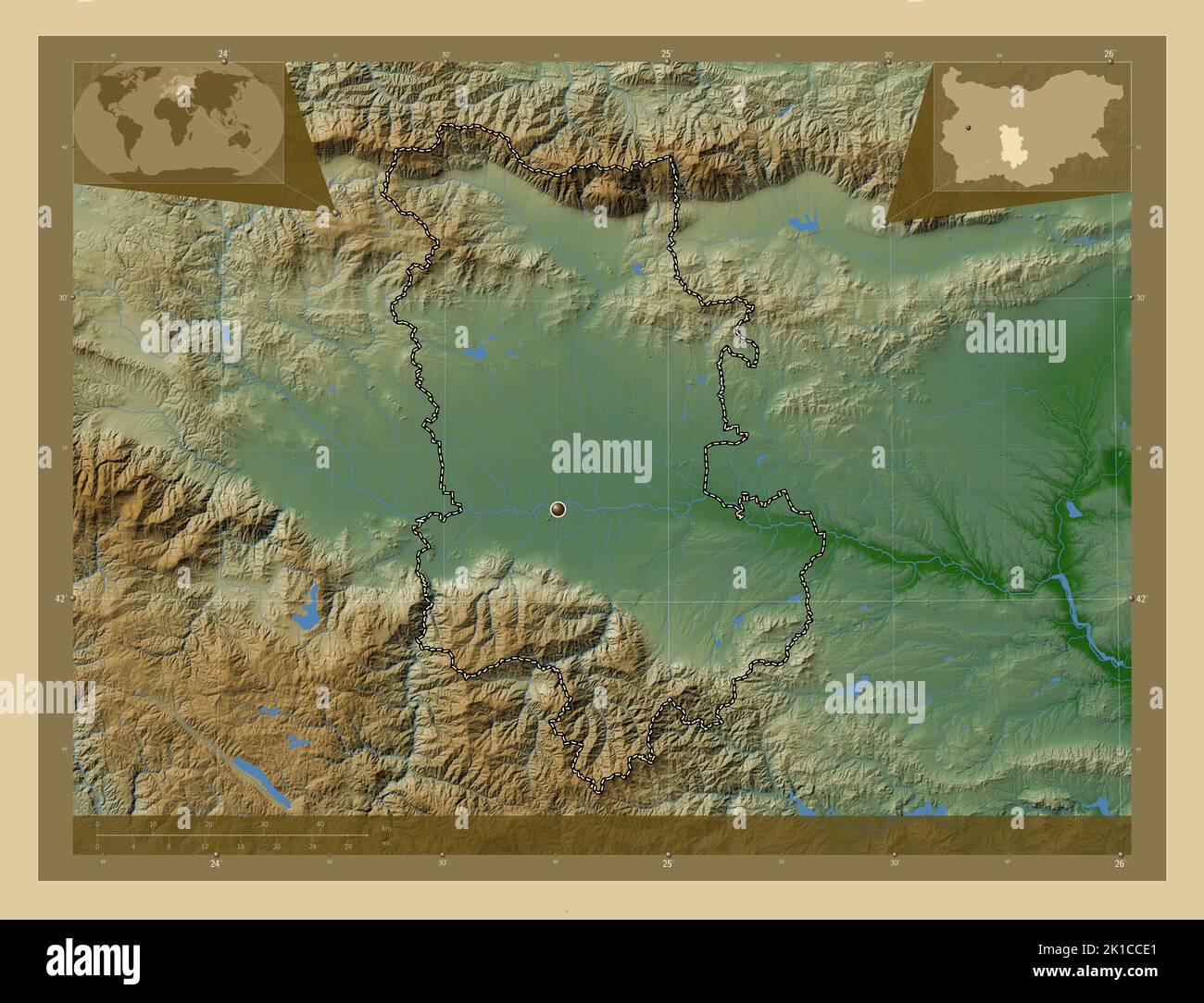 Plovdiv, province of Bulgaria. Colored elevation map with lakes and ...