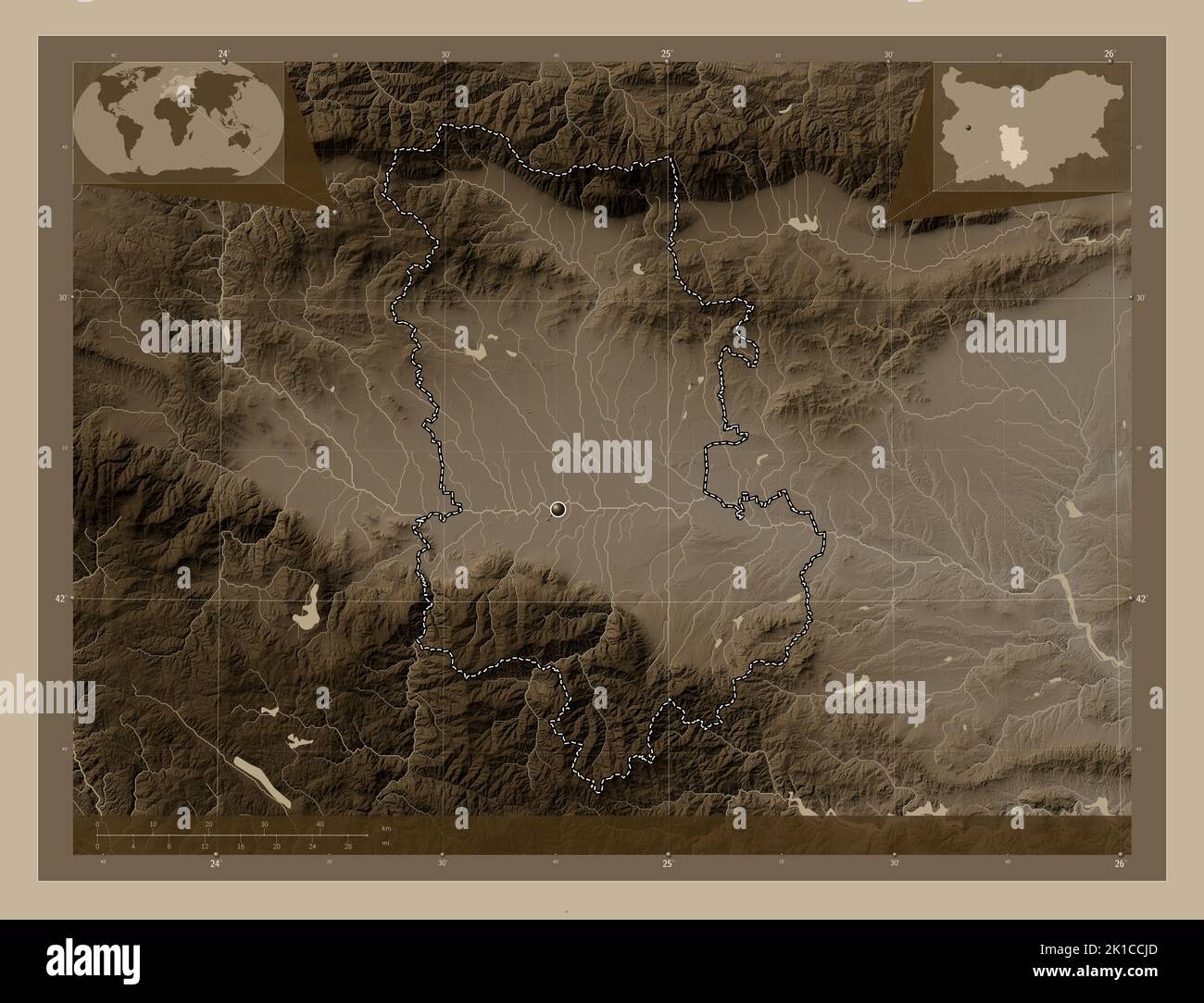 Plovdiv, province of Bulgaria. Elevation map colored in sepia tones ...