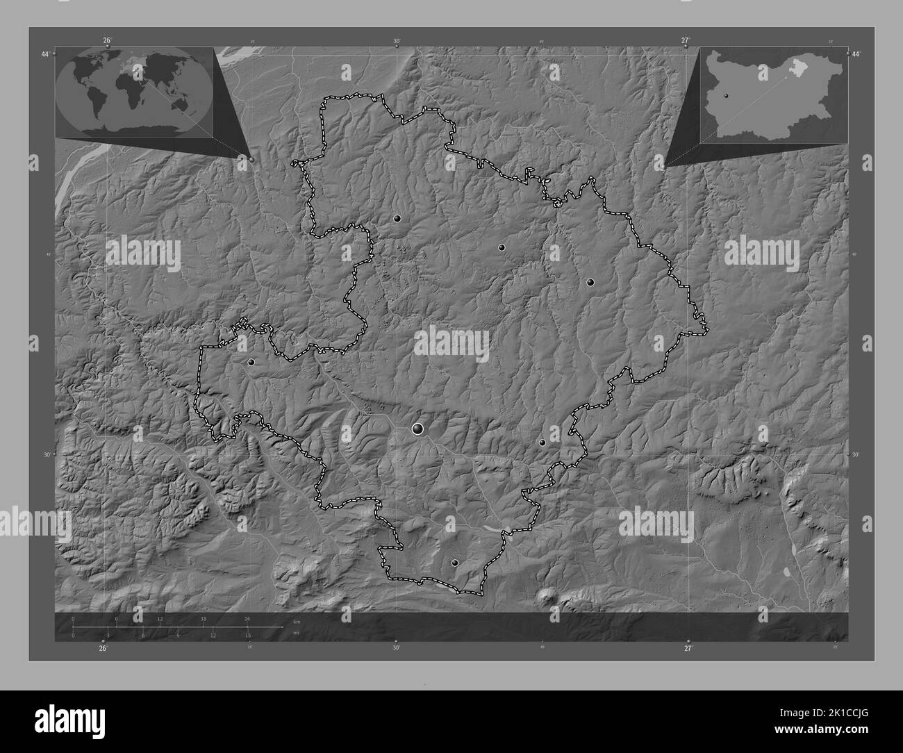 Razgrad, province of Bulgaria. Bilevel elevation map with lakes and ...