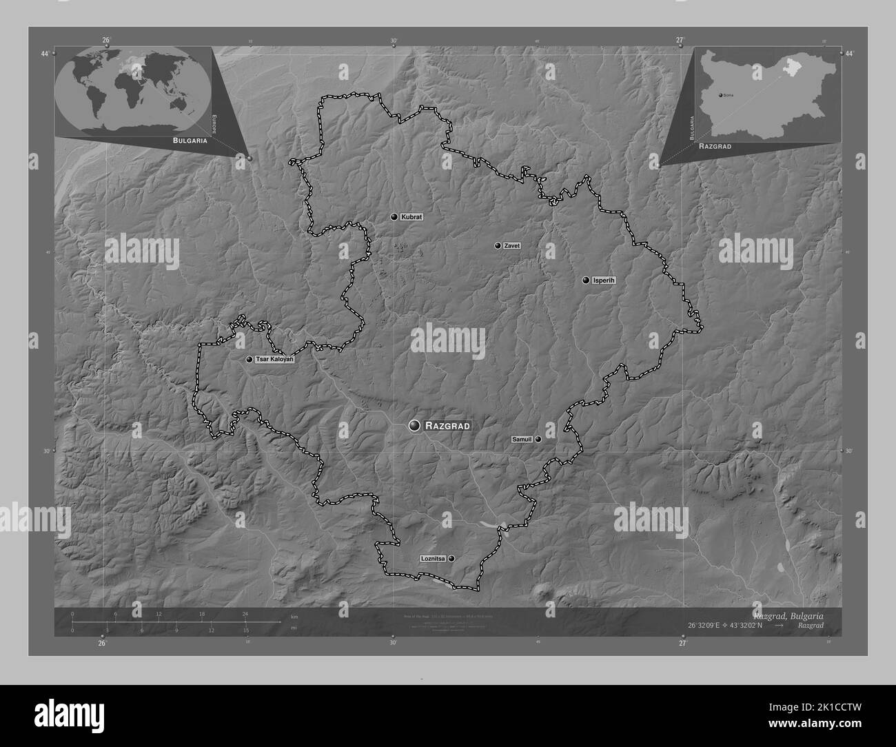 Razgrad, province of Bulgaria. Grayscale elevation map with lakes and ...