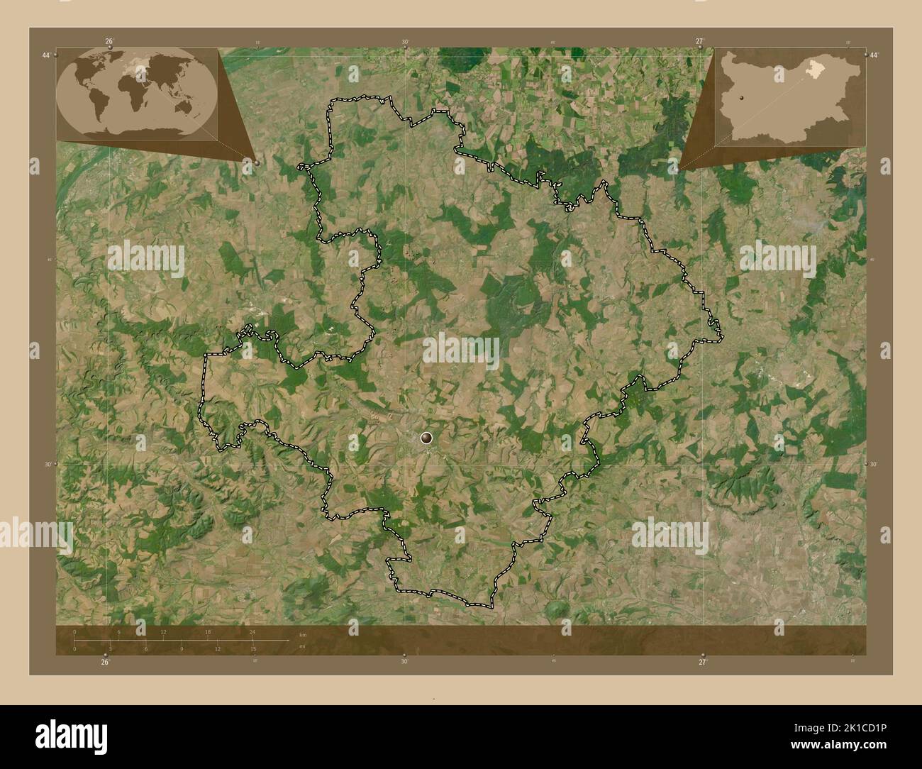 Razgrad, province of Bulgaria. Low resolution satellite map. Corner ...