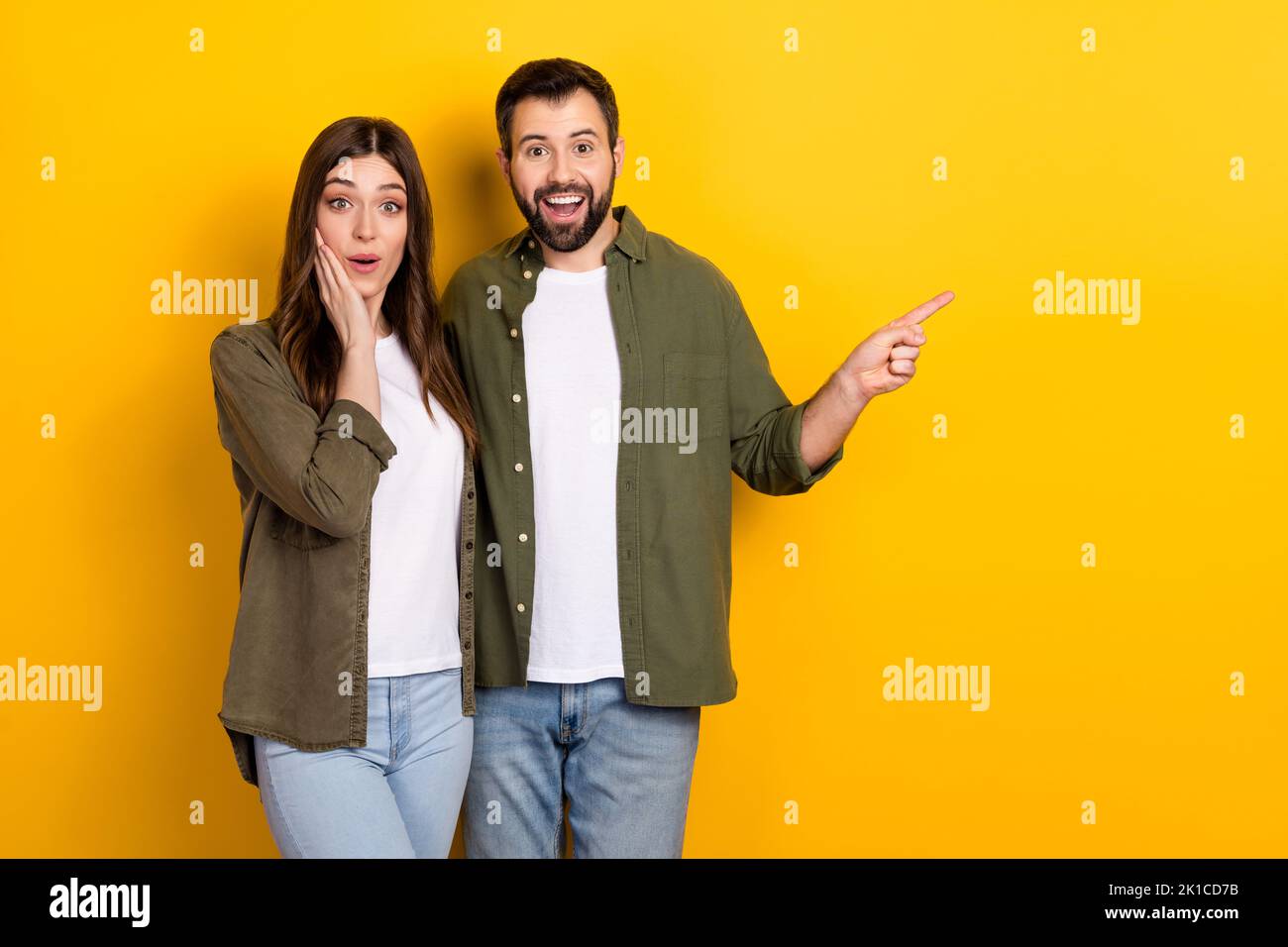 Portrait of attractive stunned cheerful couple hugging showing copy ...