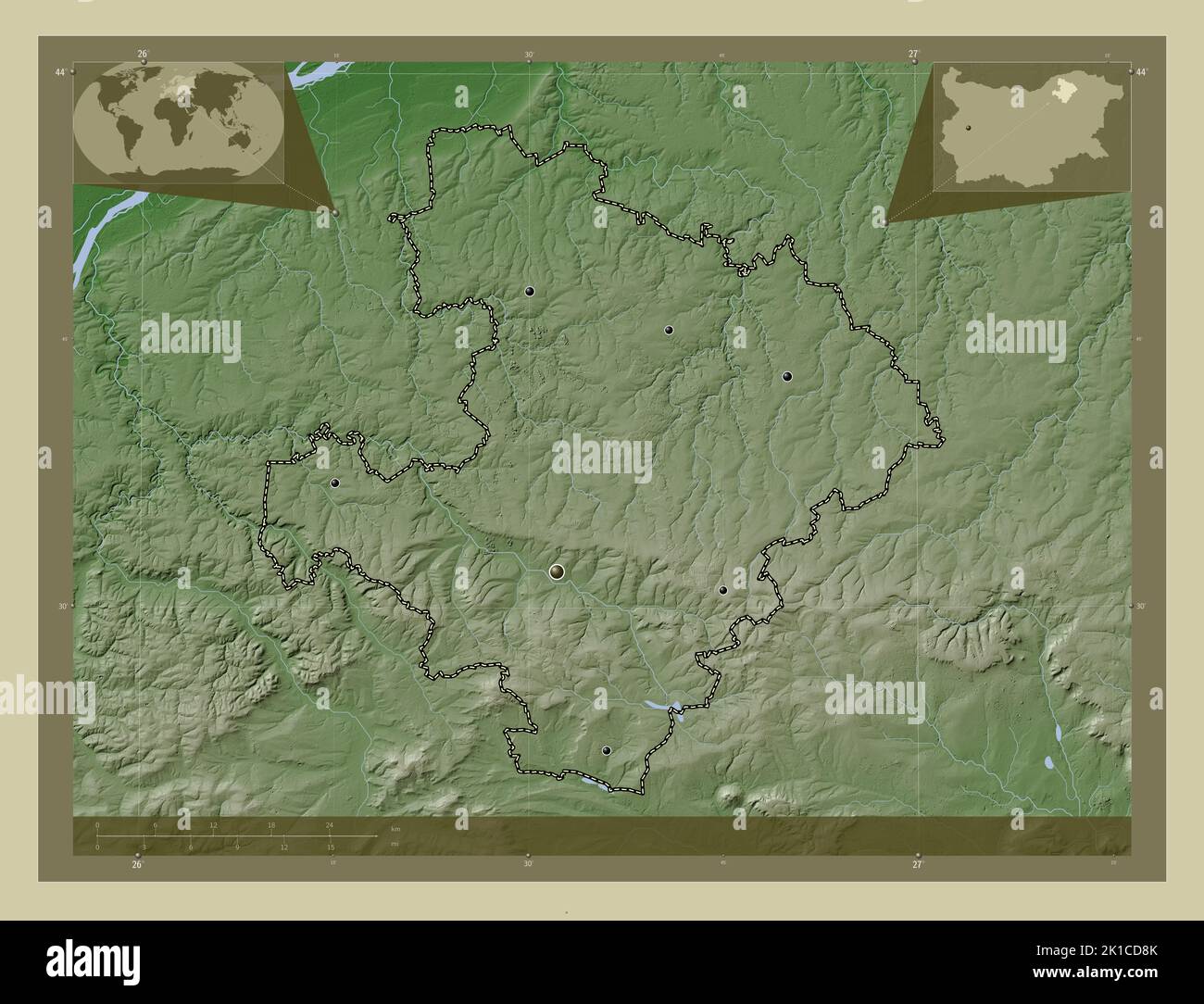 Razgrad, province of Bulgaria. Elevation map colored in wiki style with ...