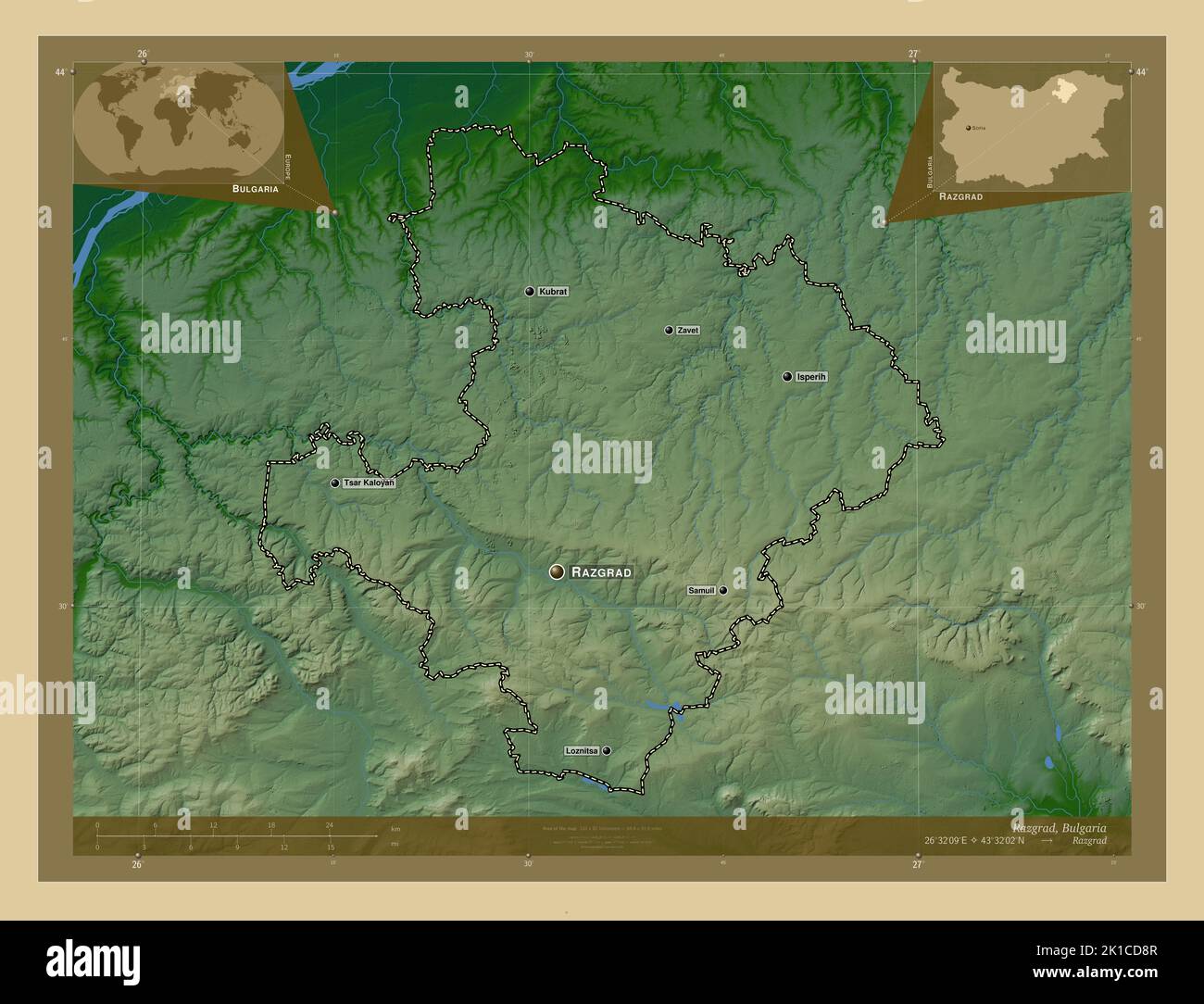 Razgrad, province of Bulgaria. Colored elevation map with lakes and ...