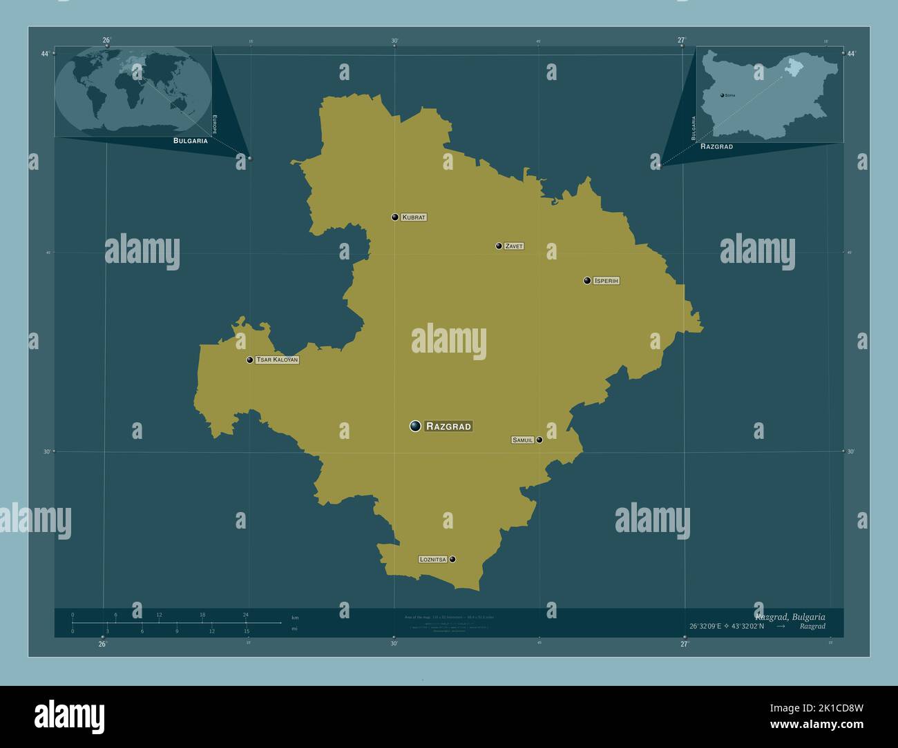 Razgrad, province of Bulgaria. Solid color shape. Locations and names ...