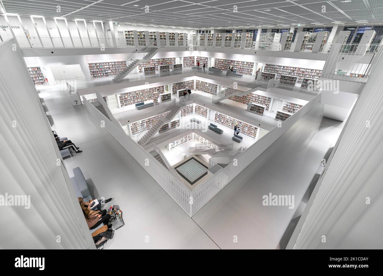 Students in the modern library, architecture, Stuttgart, Germany Stock ...