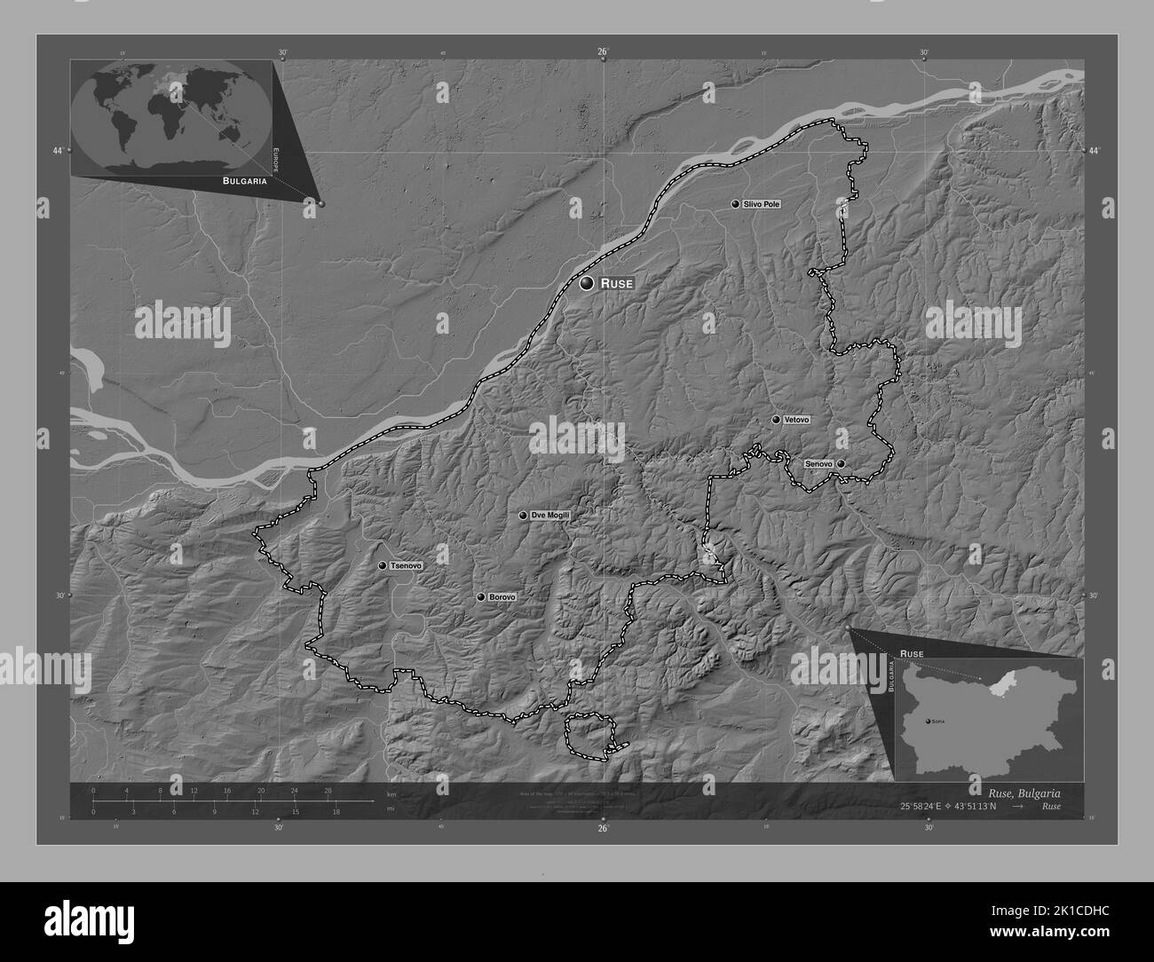 Ruse, province of Bulgaria. Bilevel elevation map with lakes and rivers ...