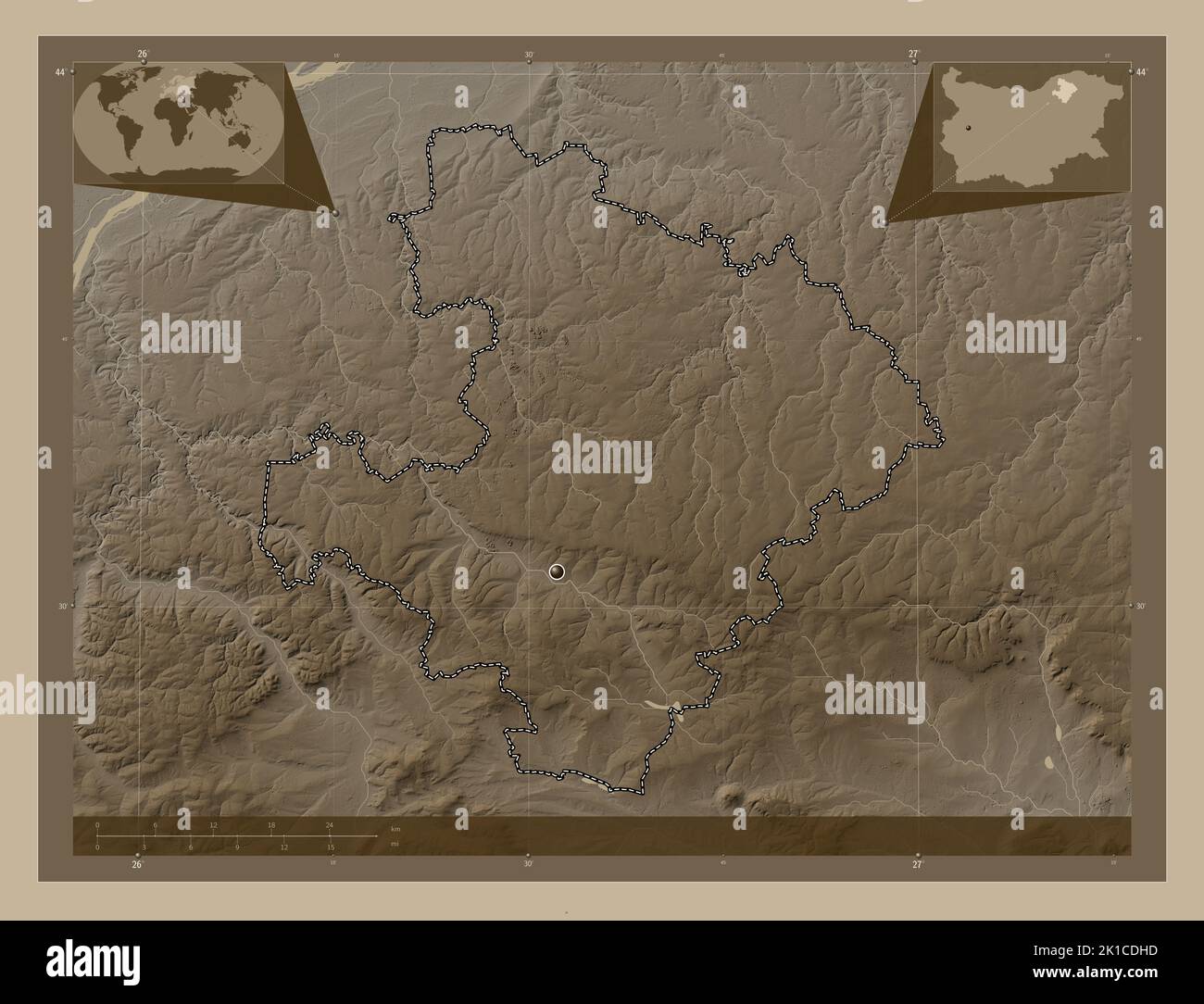 Razgrad, province of Bulgaria. Elevation map colored in sepia tones ...