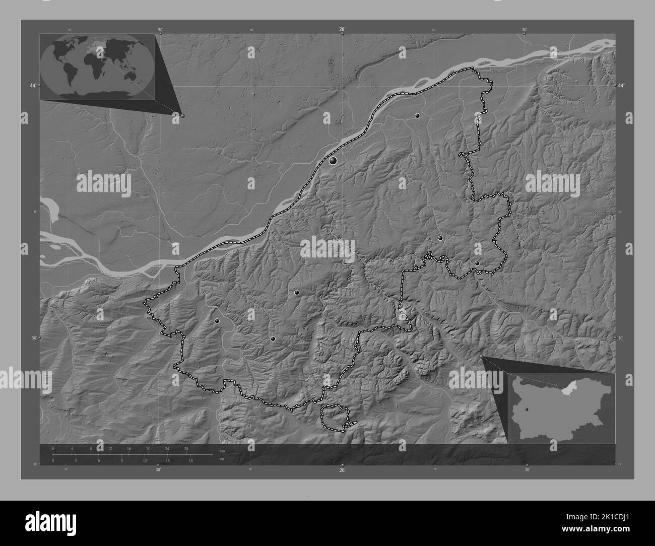 Ruse, province of Bulgaria. Bilevel elevation map with lakes and rivers ...