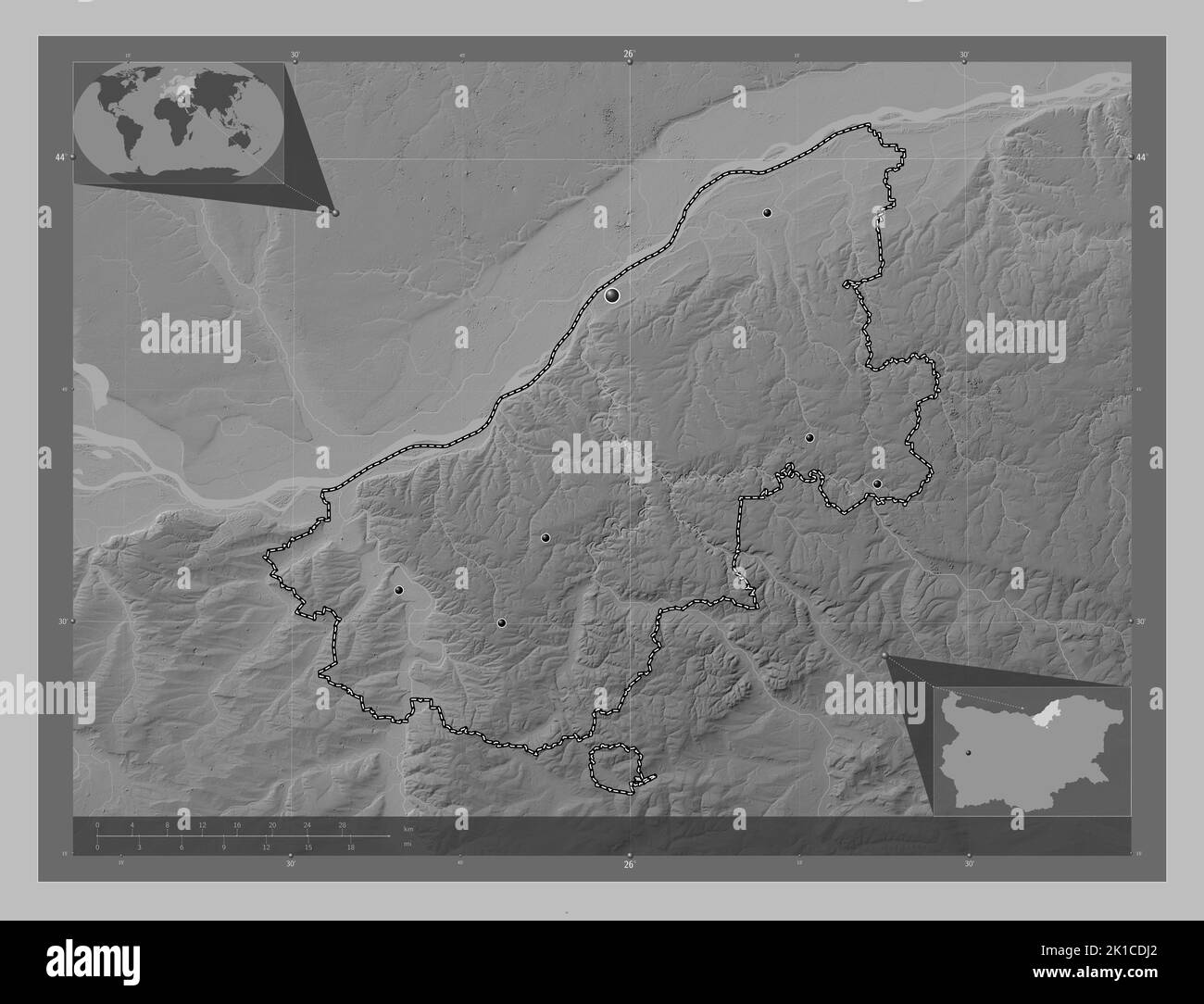 Ruse, province of Bulgaria. Grayscale elevation map with lakes and ...