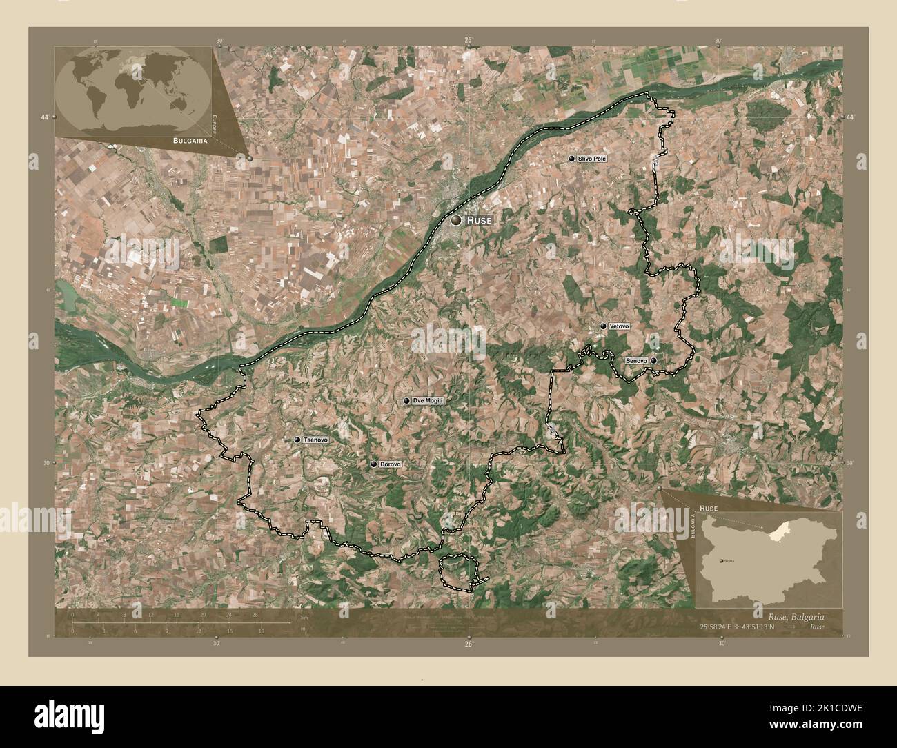 Ruse, province of Bulgaria. High resolution satellite map. Locations ...