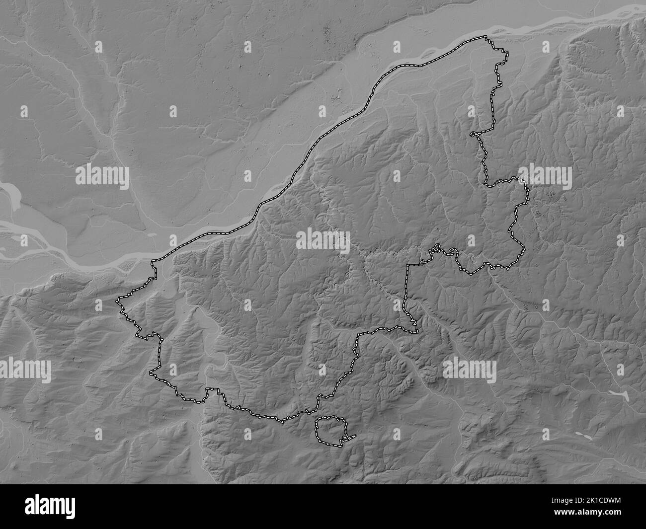 Ruse, province of Bulgaria. Grayscale elevation map with lakes and ...