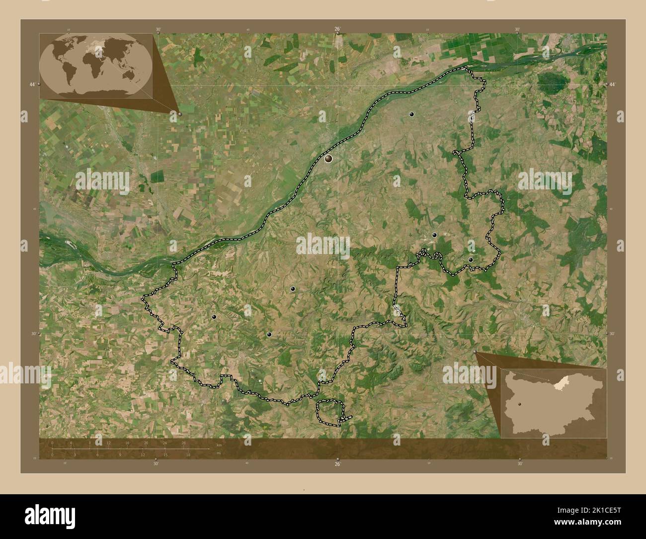 Ruse, province of Bulgaria. Low resolution satellite map. Locations of ...