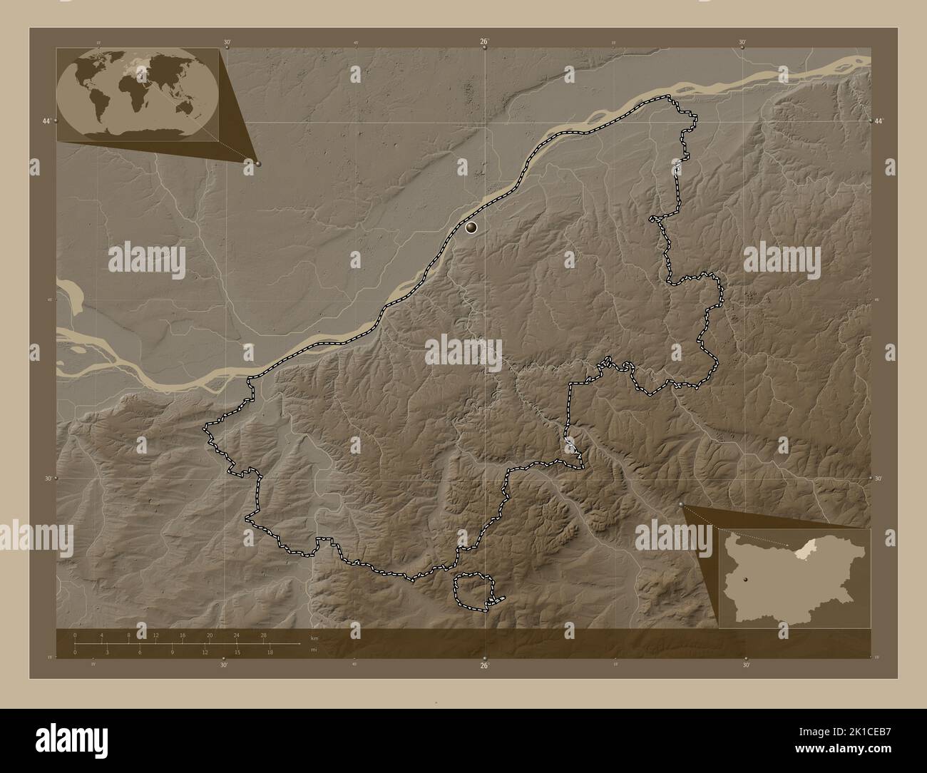Ruse, province of Bulgaria. Elevation map colored in sepia tones with ...