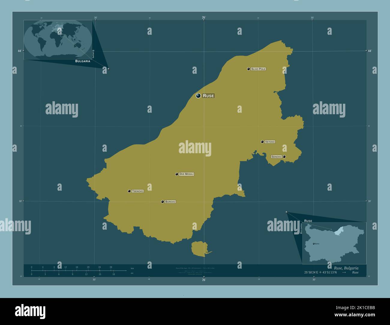 Ruse, province of Bulgaria. Solid color shape. Locations and names of ...