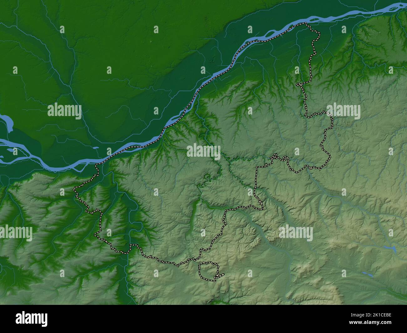 Ruse, province of Bulgaria. Colored elevation map with lakes and rivers ...