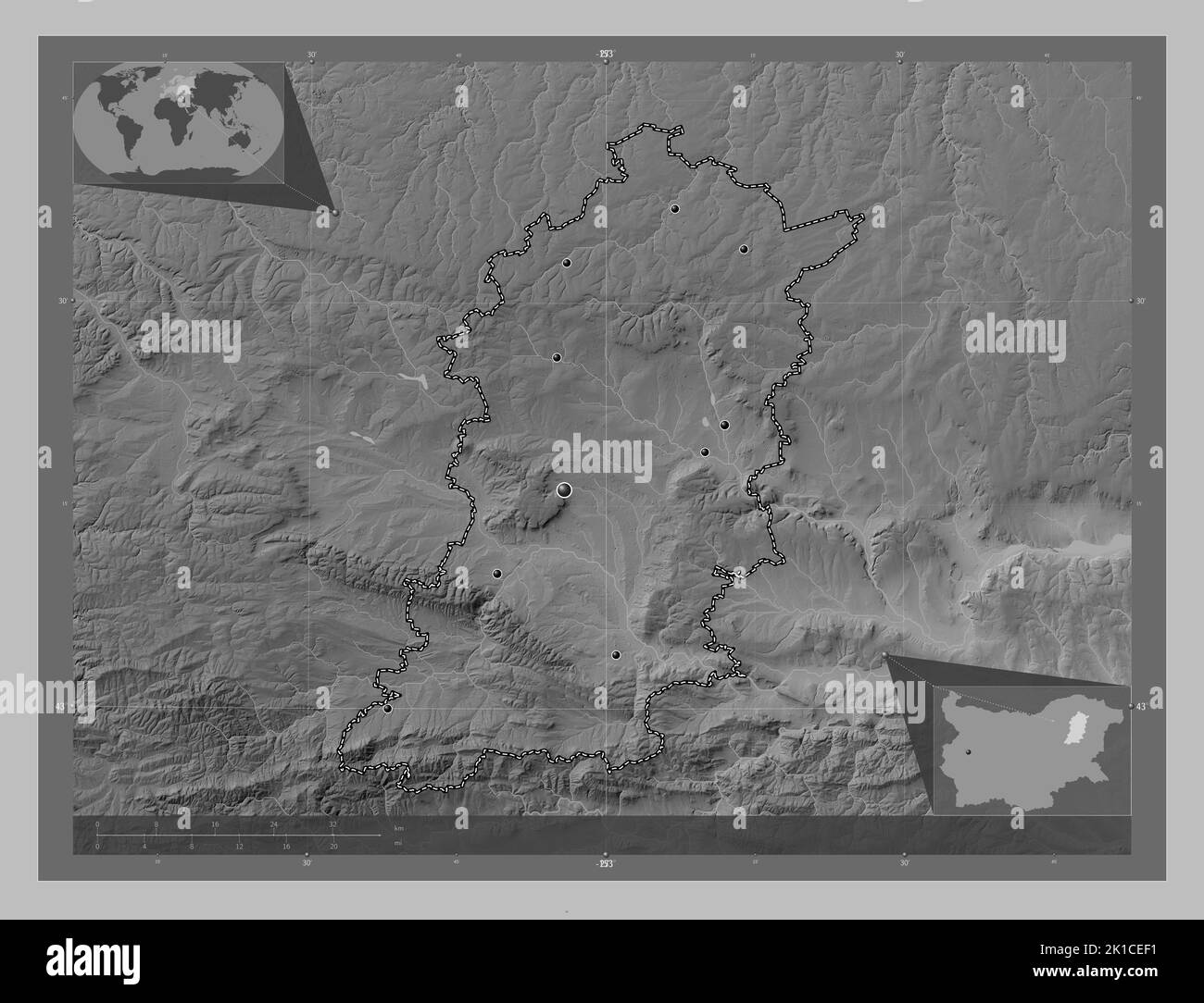 Shumen, province of Bulgaria. Grayscale elevation map with lakes and ...