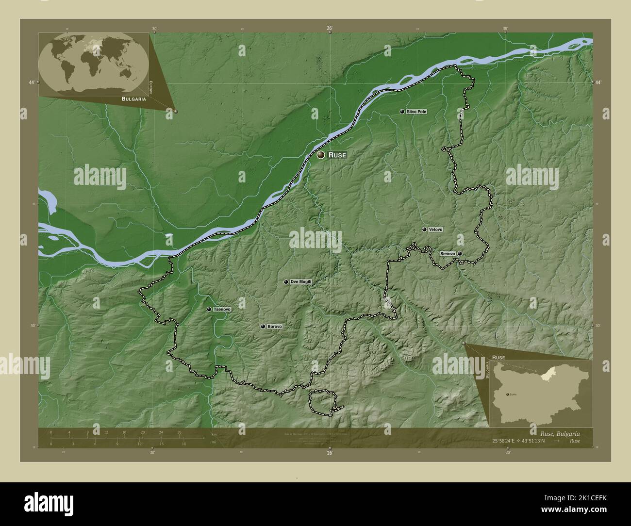 Ruse, province of Bulgaria. Elevation map colored in wiki style with ...